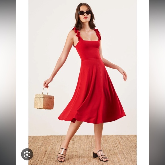 Reformation | Dresses | Reformation Midi Dress Red Eda Ruffle Strap ...